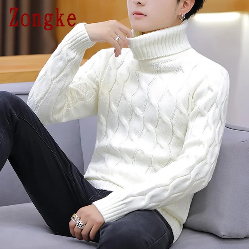Zongke White Turtleneck Men Clothes Winter Sweater Men Coats Solid Striped Pullover Mens ...