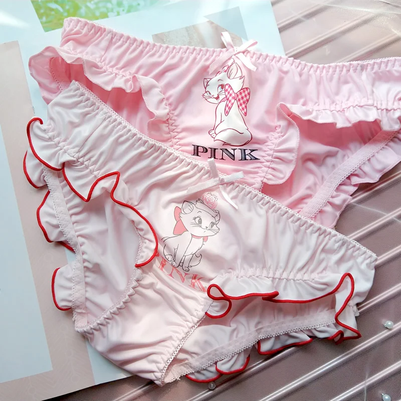 Lolita Women Sweet Panties Cute Cat Print Fancy Bowknot Ruffle ...