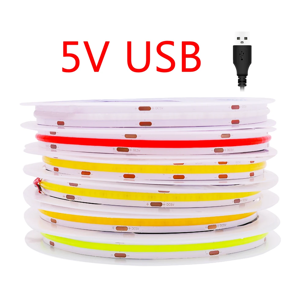 5v Led Cob Strip Light Usb Battery Powered 320led/m High Density Linear ...