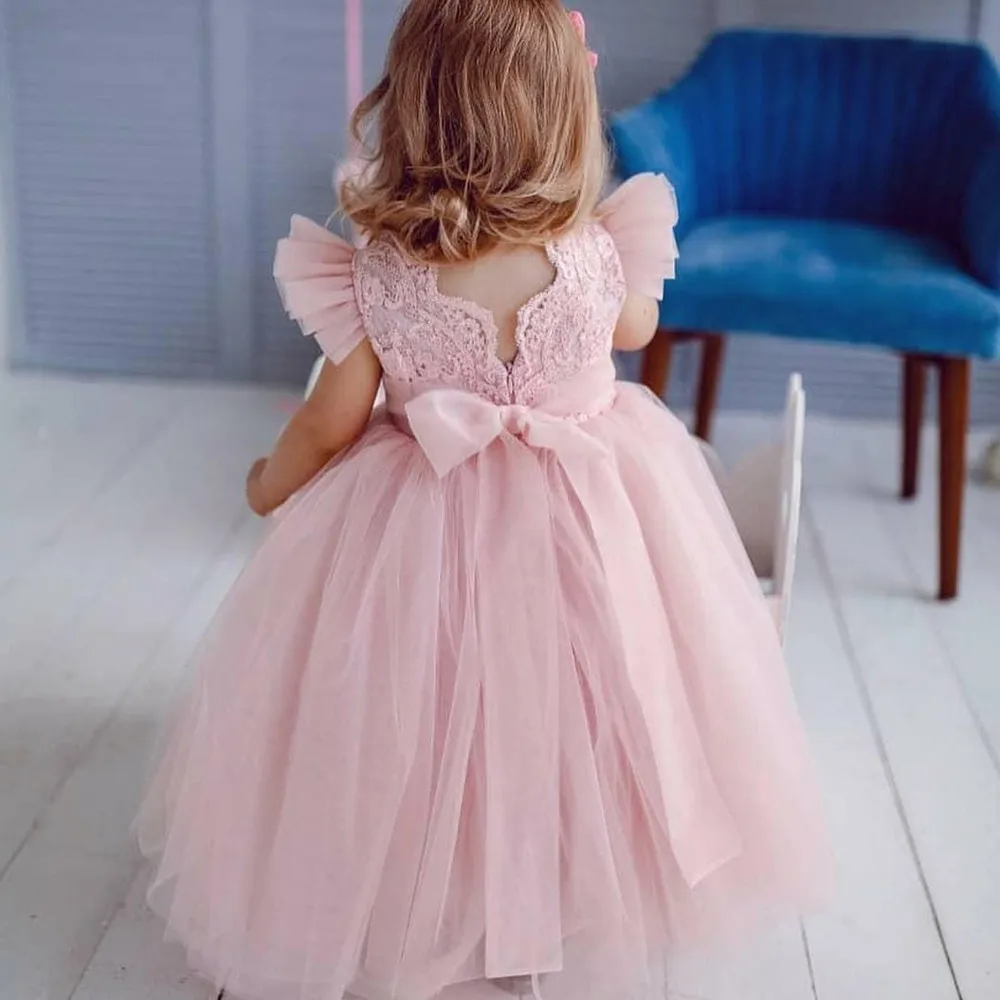 Pink Lace Beaded Flower Girl Dresses Ball Gown Tulle Little Girl ...