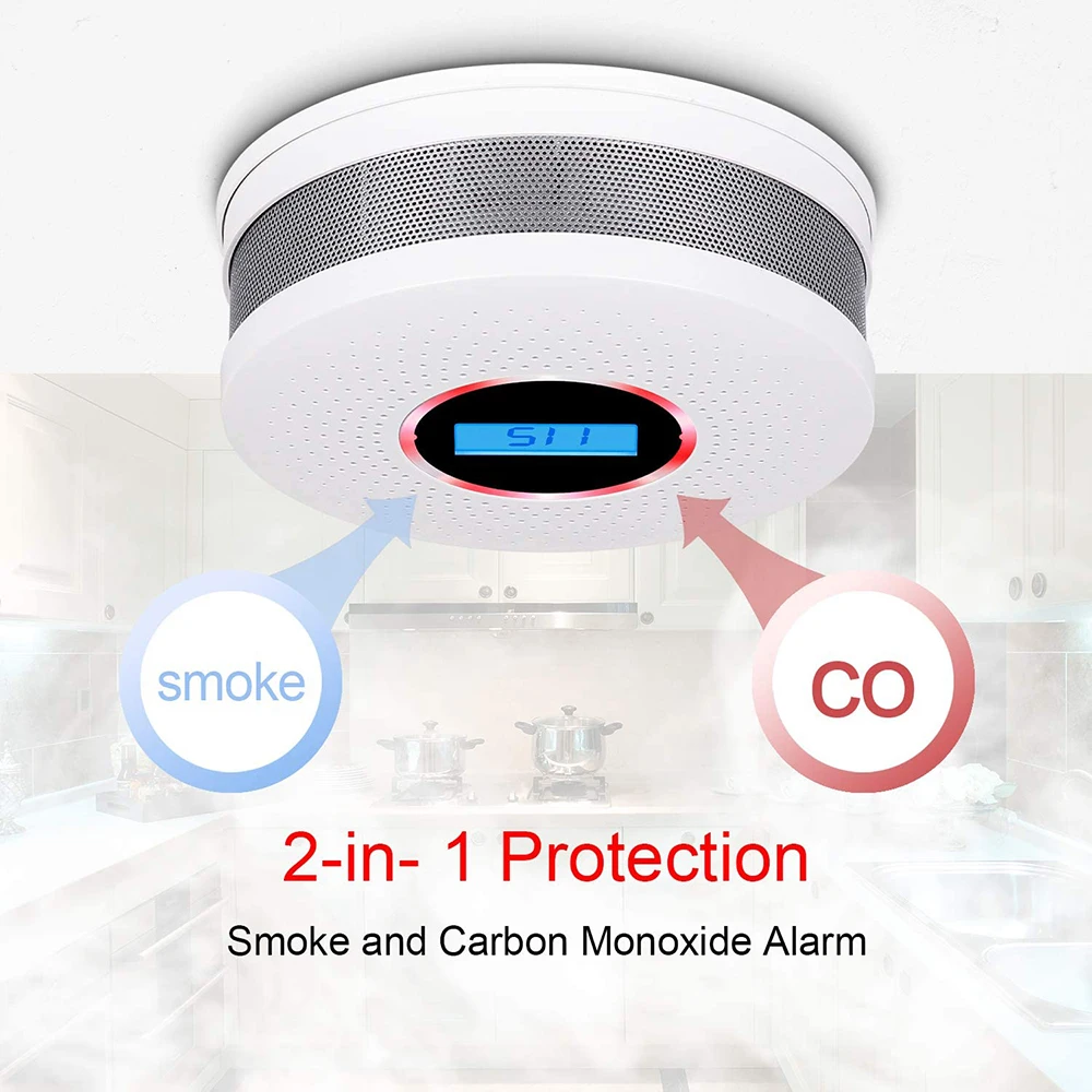 Carbon Monoxide Smoke Detector 2 in 1 CO Gas Sensor Fire Alarm LCD ...