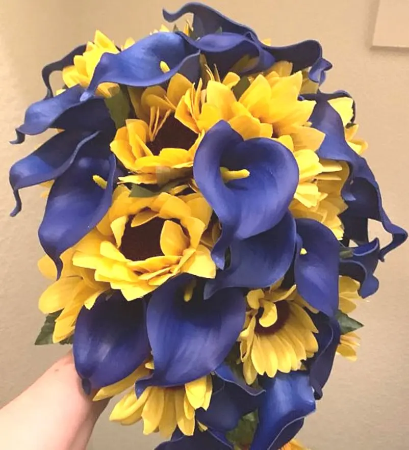 Yellow Lilies Bouquet With Blue Flowers
