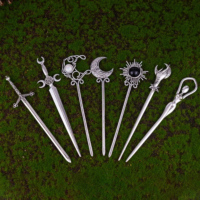 Witch Sword Crescent Moon Goddness Hair Stick Pagan Occulet Hairpin ...