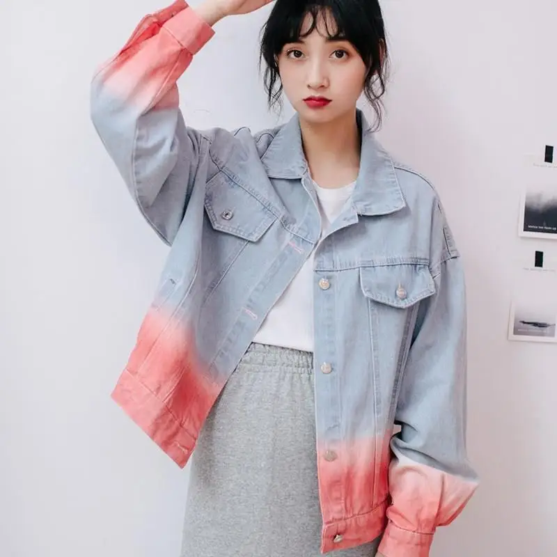 Fall Harajuku Gradient Color Jeans Jacket Casual Long Sleeve Pockets ...