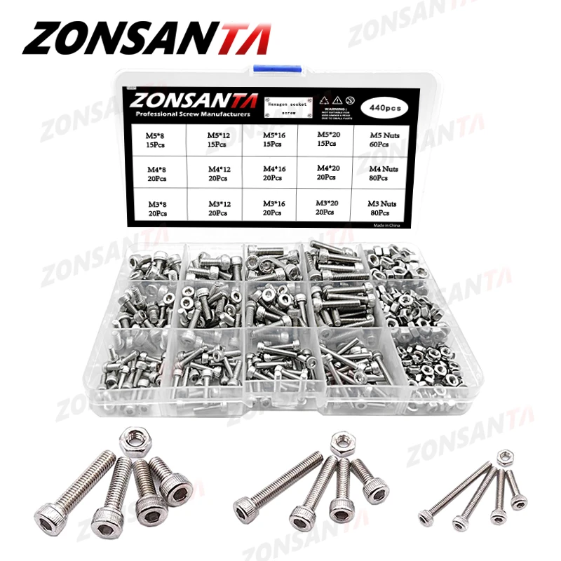 ZONSANTA 440Pcs M3 M4 M5 Bolt and Nuts Hex Hexagon Socket Screw Set ...