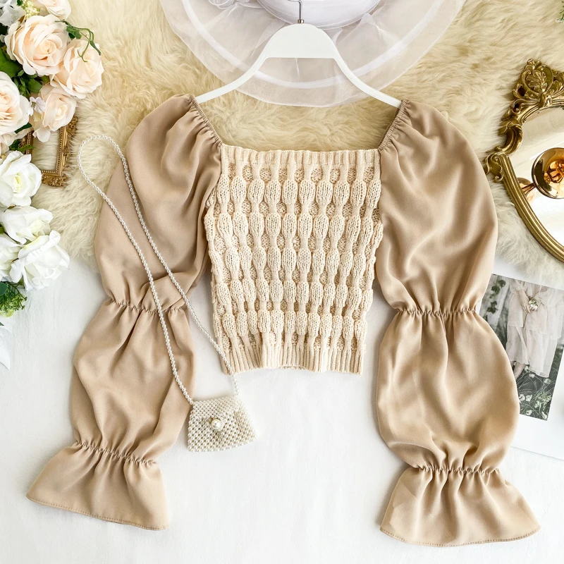 Осень женский Шикарный ретро квадратный воротник длинный Пышный рукав сшитый Вязанный свитер ...