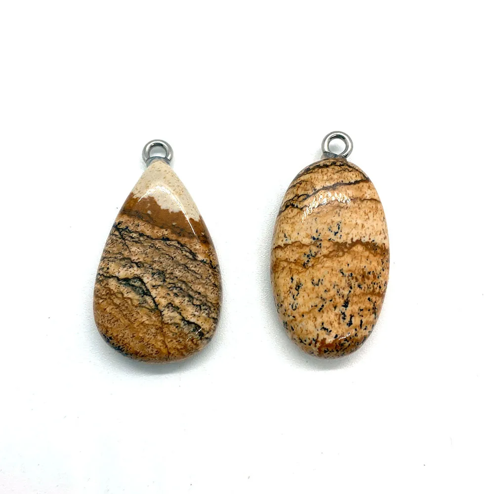 Natural-Stone-Egg-Shape-Picture-Stone-Pendant-15x29mm-Drop-Shape-Semi ...