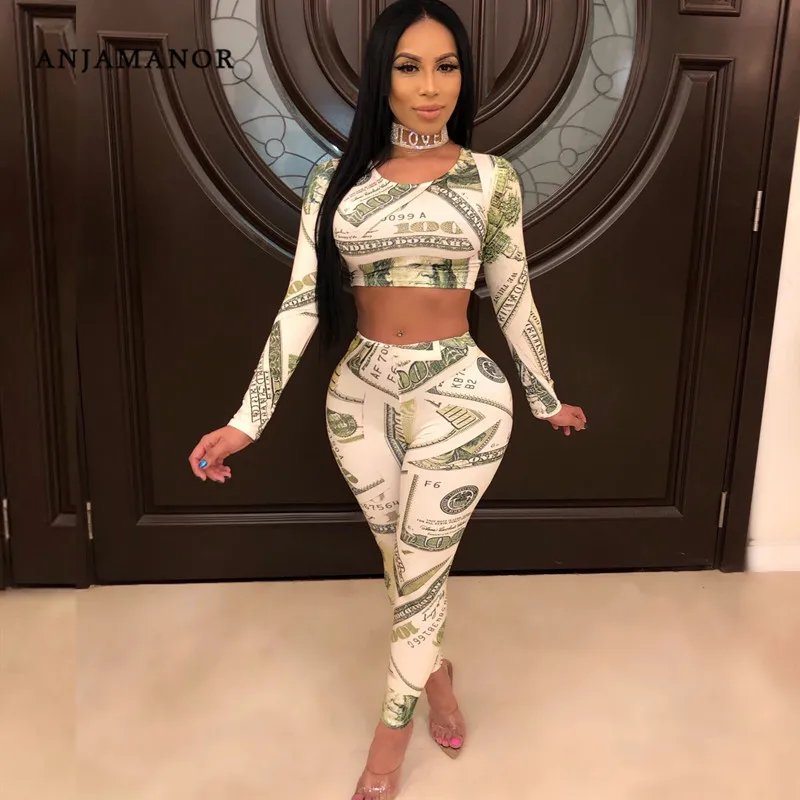 Anjamanor Dollar Print Sexy Two Piece Set Long Sleeve Crop Top Pants