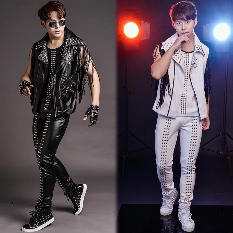 Black Men's Dance Costume Nightclub Bar Male Singer Stage Leather ...