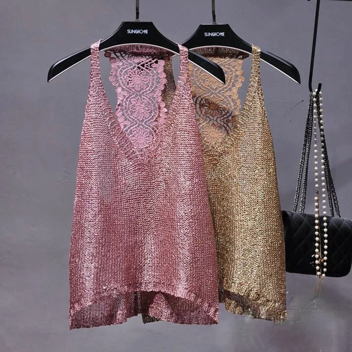 2021 Sexy Sleeveless Shiny Sequined Gold Camis Women Fashion Tassels ...
