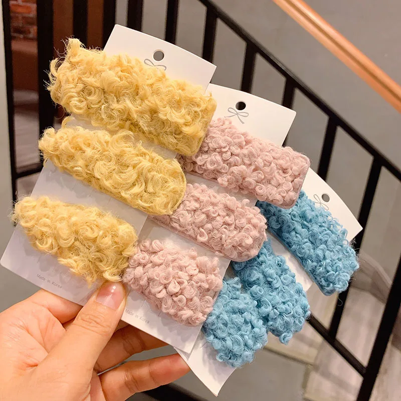 3pcs 한국 겨울 플러시 솔리드 컬러 가짜 모피 머리핀 헤어 클립 여자 헤어 바레트 물방울 여자 헤어핀 헤어 액세서리헤어