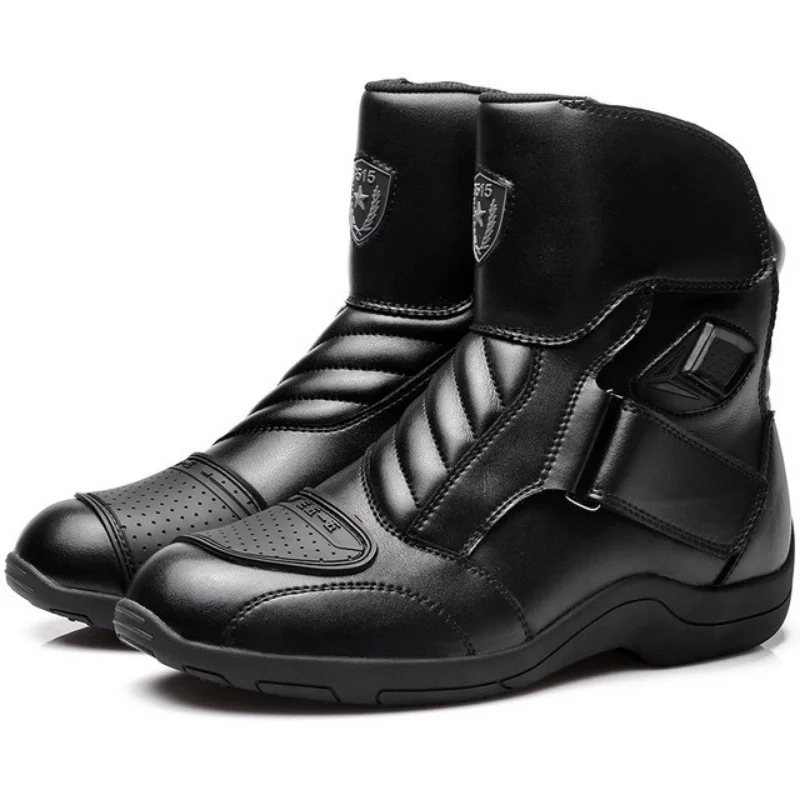 Black PU Leather Motorcycle Boots Wearable Motorbike Racing Shoes Mid ...
