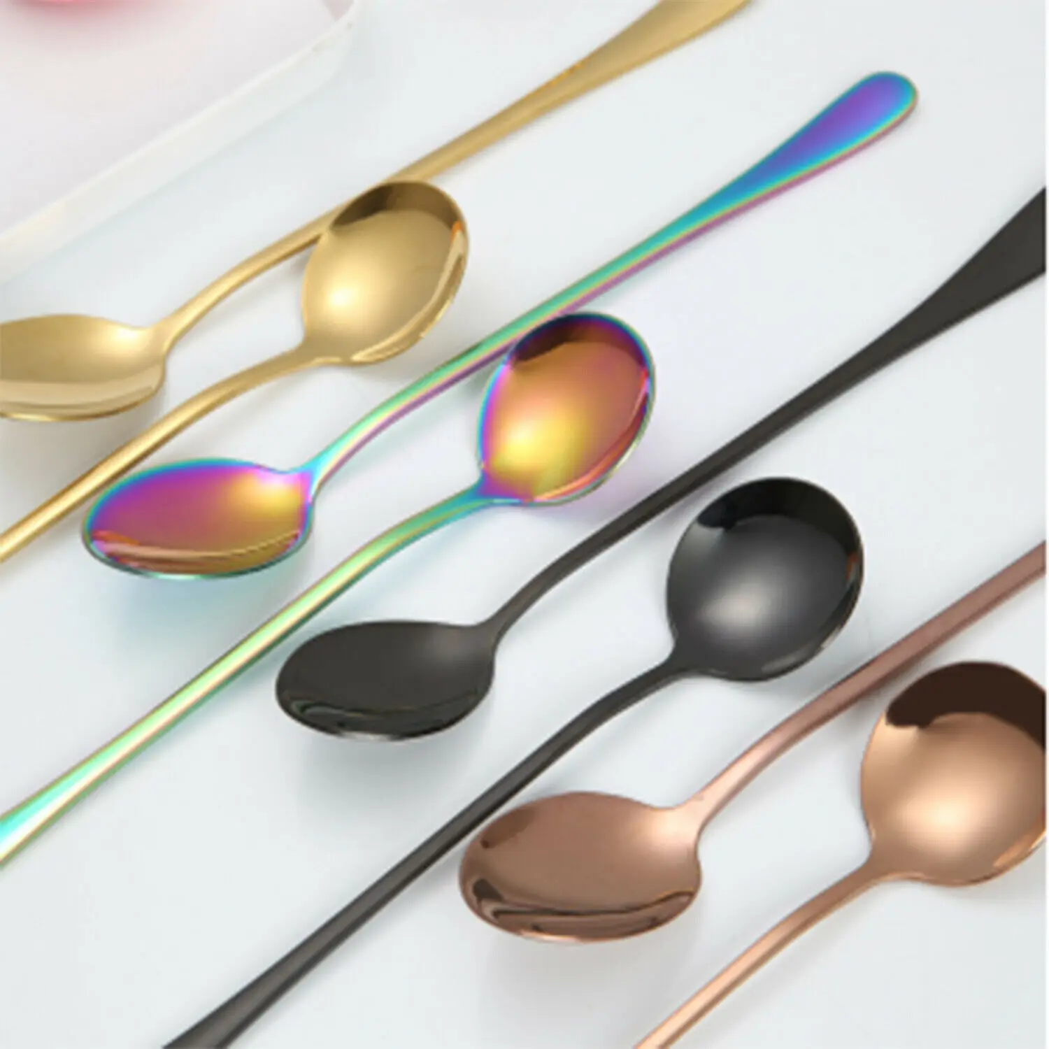 5pcs Ice Spoon Stainless Steel Long Teaspoon Parfait Iced Coffee Cafe ...