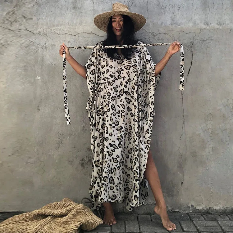 Leopard Print Coverup Swimwear Short Sleeve Bohemia Belt Bathing Suit ...