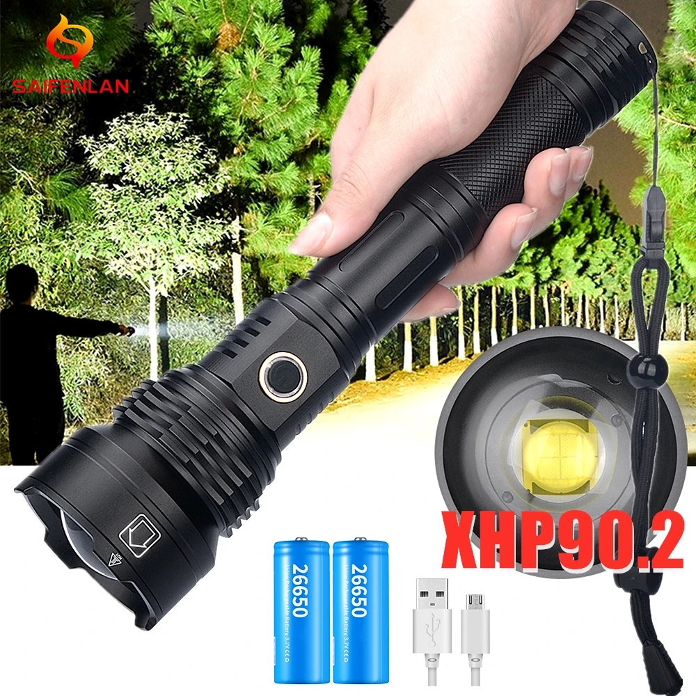 New Powerful XHP90.2 LED Flashlight Zoom USB Rechargeable XHP90 Torch ...
