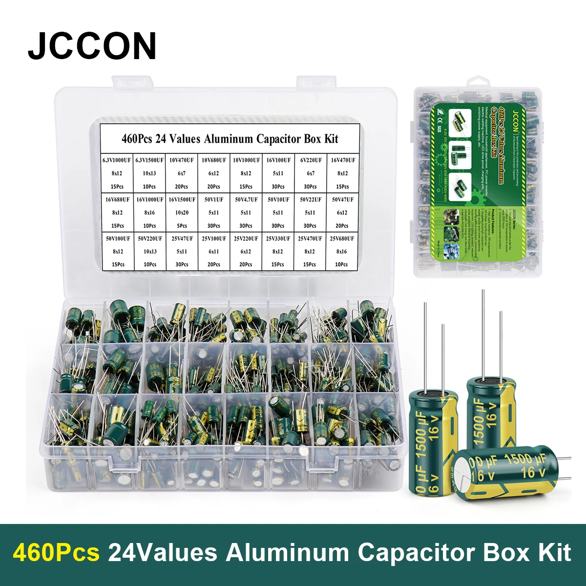 460pcs/box Capacitor Kit Jccon 1uf-1500uf 24values Aluminum Electrolytic Capacitors 6.3v-50v ...