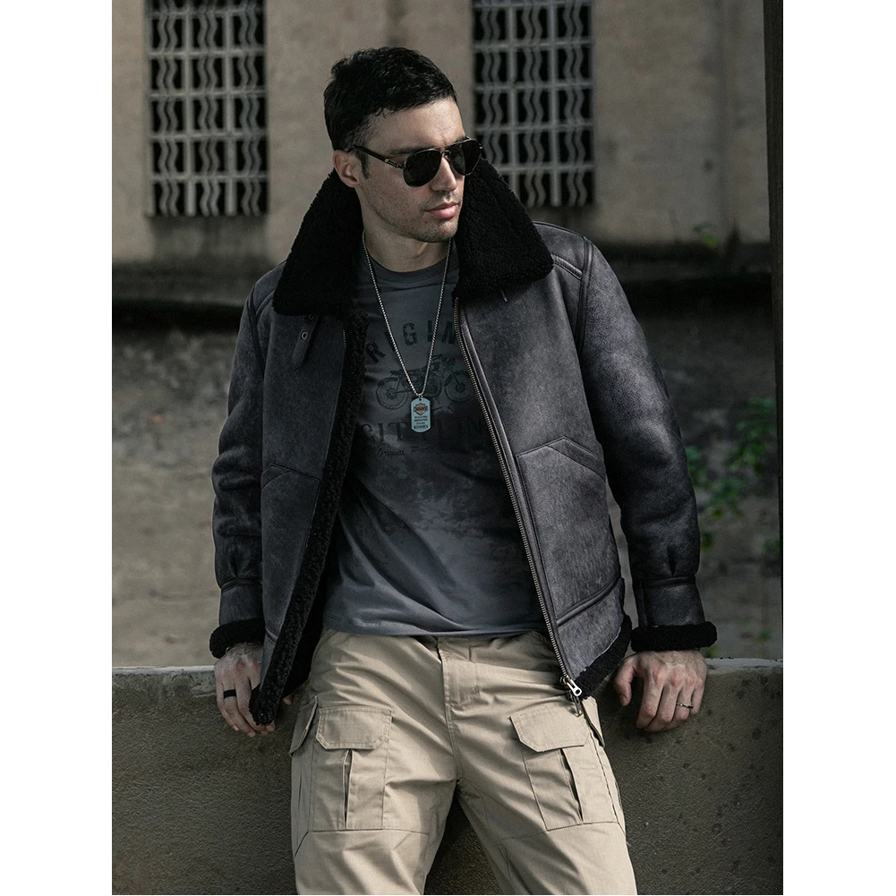 Sheepskin Shearling Jacket Mens B3 Bomber Jacket Short Leather Jacket ...