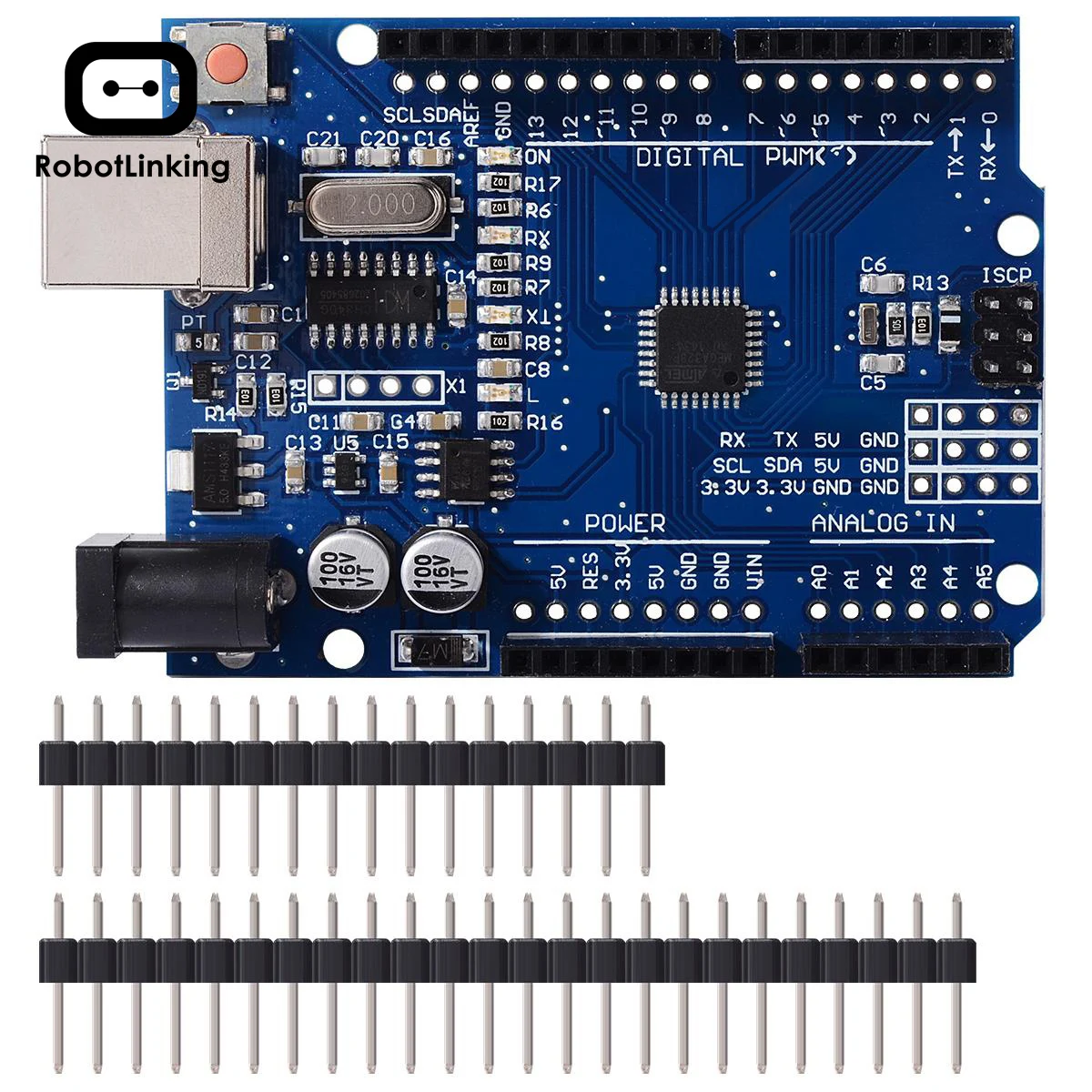Robotlinking Placa de microcontrolador ATmega328P, Chip CH340 para Arduino UNO R3, con cabezal ...