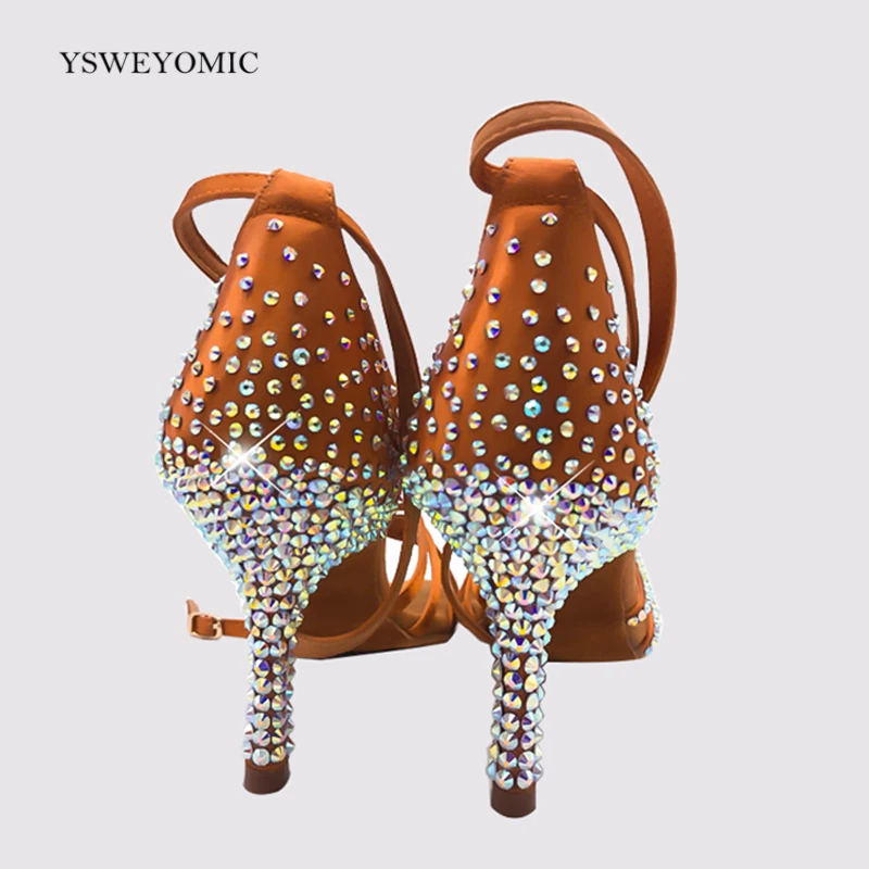 High Heel Latin Salsa Dance Shoes Women Tan Satin colorful Crystal ...