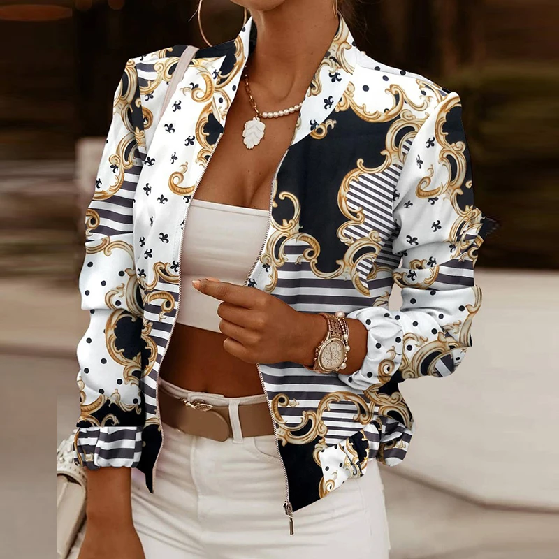 Trendy Floral Print Long Sleeve Bomber Zip Up Vintage Coat Jacket