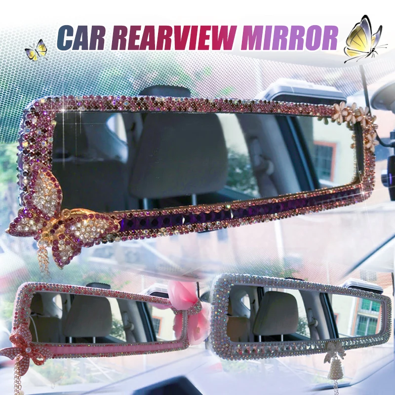 Pink Rhinestone Car Interior Rearview Mirror Cover Cute Butterfly Wind ...