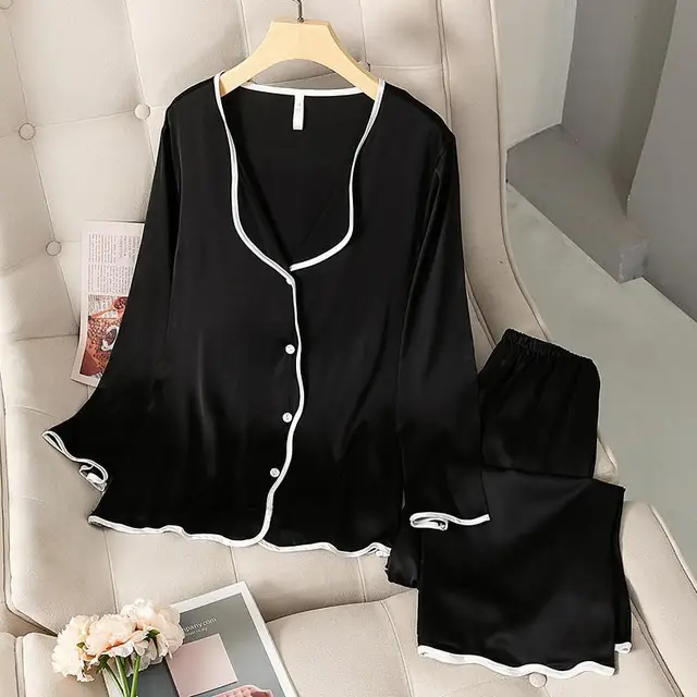 V-neck Sleepwear Women 2PCS Pajamas Set Faux Silk Nightwear Casual ...