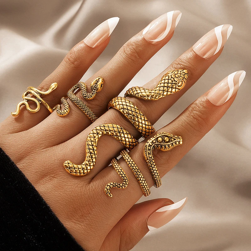 Vintage 8cm Long Snake Ring Set For Women Female Gold Black Silver ...