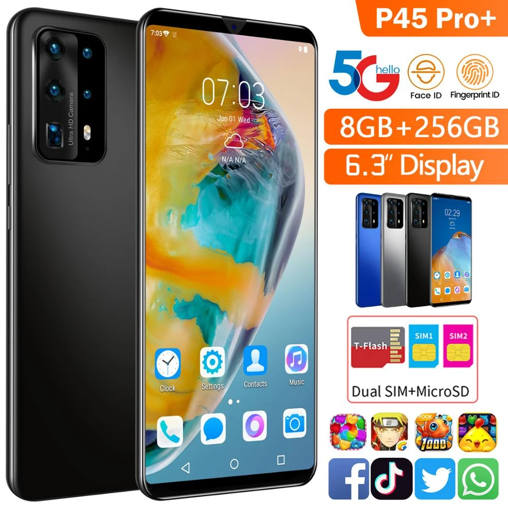 P45 Pro + Smartphone Android 9,0 de 6,3 "Pantalla tarjeta sim doble 8GB ...