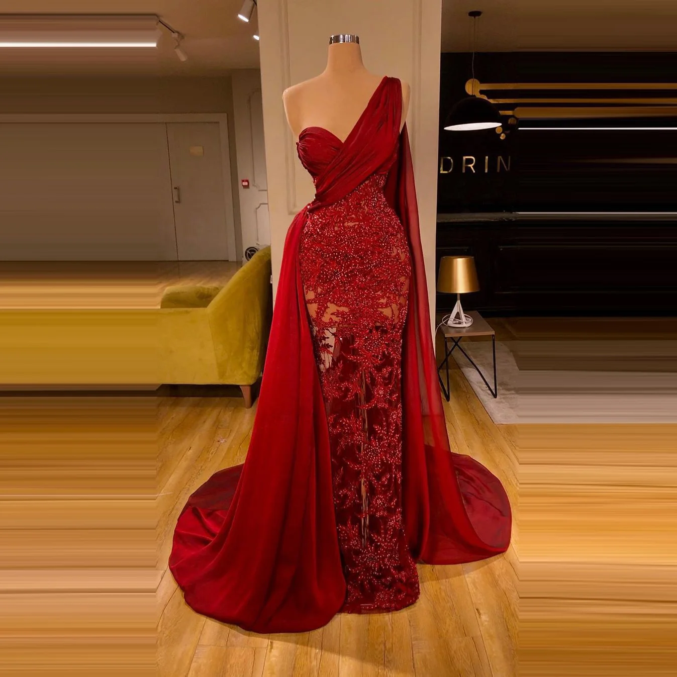 Evening Dress Long Red Beading Appliques Sheer One Shoulder Hot Women ...