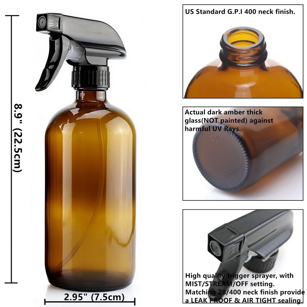 500ml Empty Amber Glass Spray Bottle with Black Trigger Sprayer ...