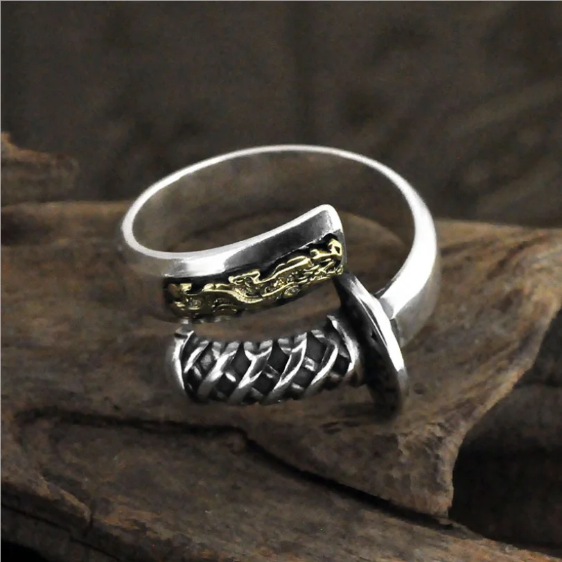 S925 sterling silver retro samurai sword open ring male Thai silver ...