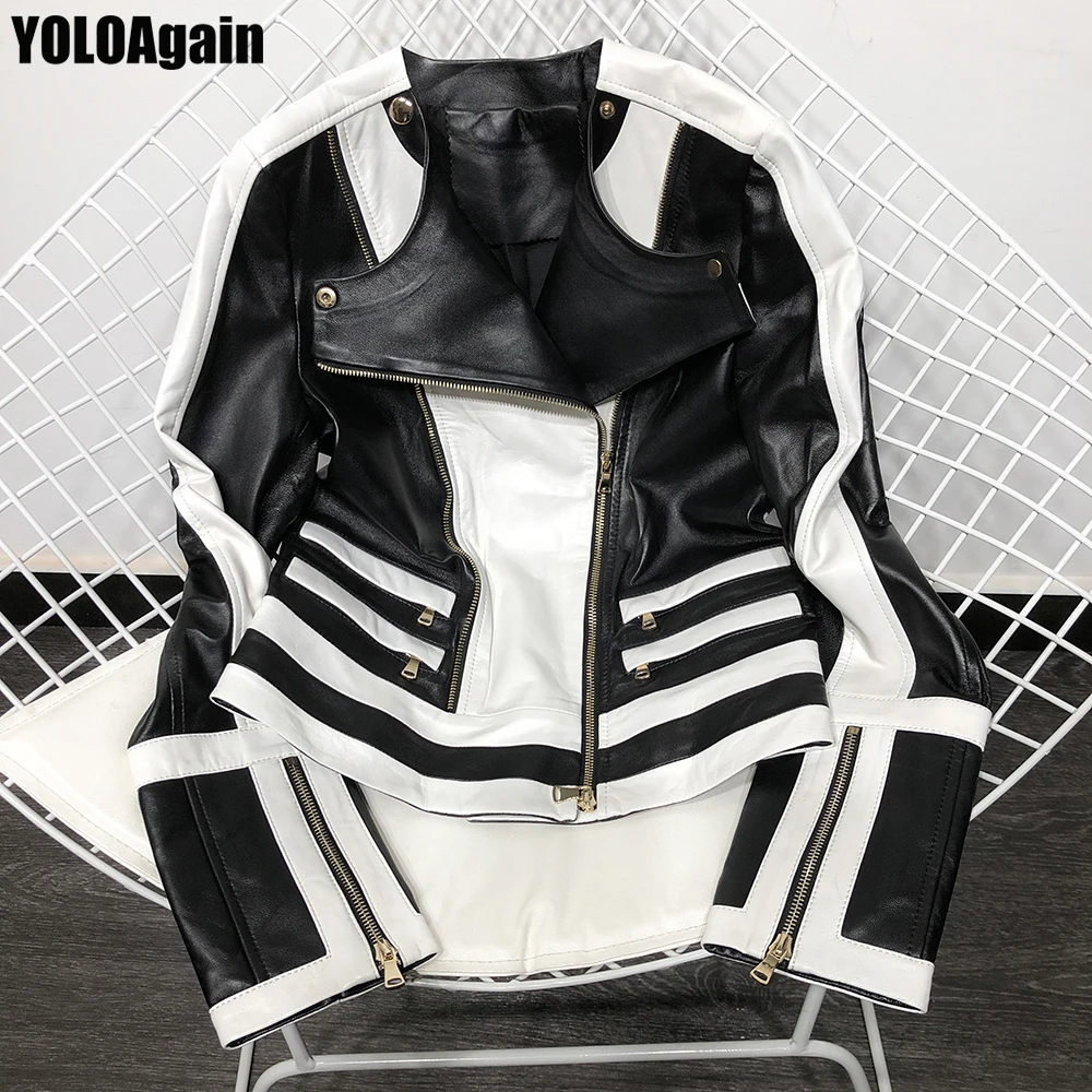 YOLOAgain Chaqueta de cuero auténtico para mujer, chaqueta a rayas ...