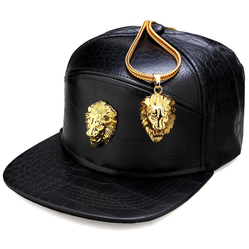 Hip Hop Rap 5 Panel Metal Gold Lion Head Logo PU Leather Baseball Cap ...