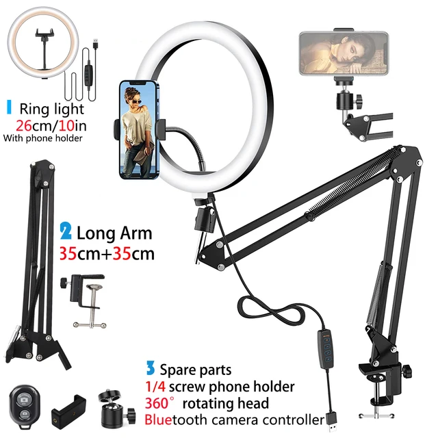 LED Selfie Ring Light Phone Stand With Folding Arm Circle Fill Light ...