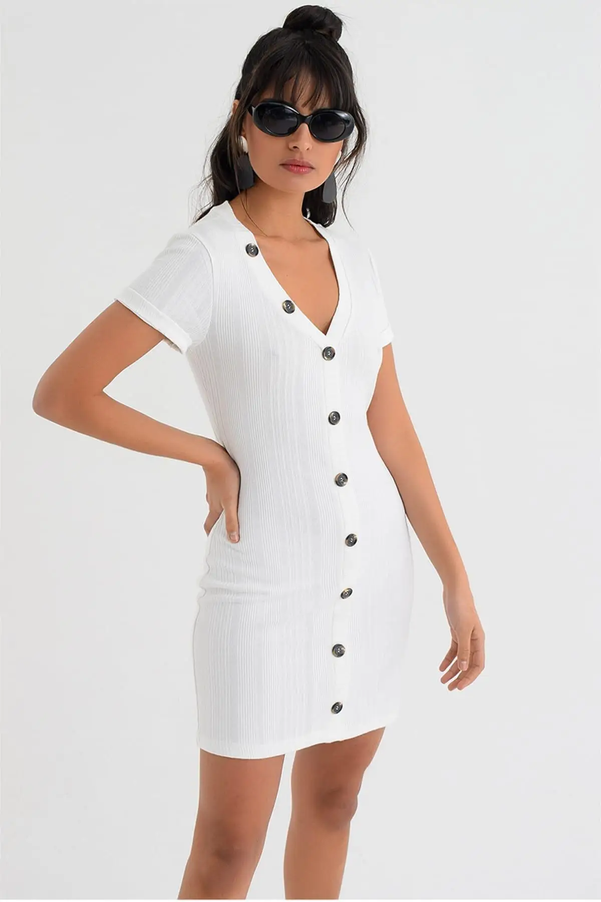 Vestido con botones JN01 blanco fresco y sexy para mujer|Vestidos ...