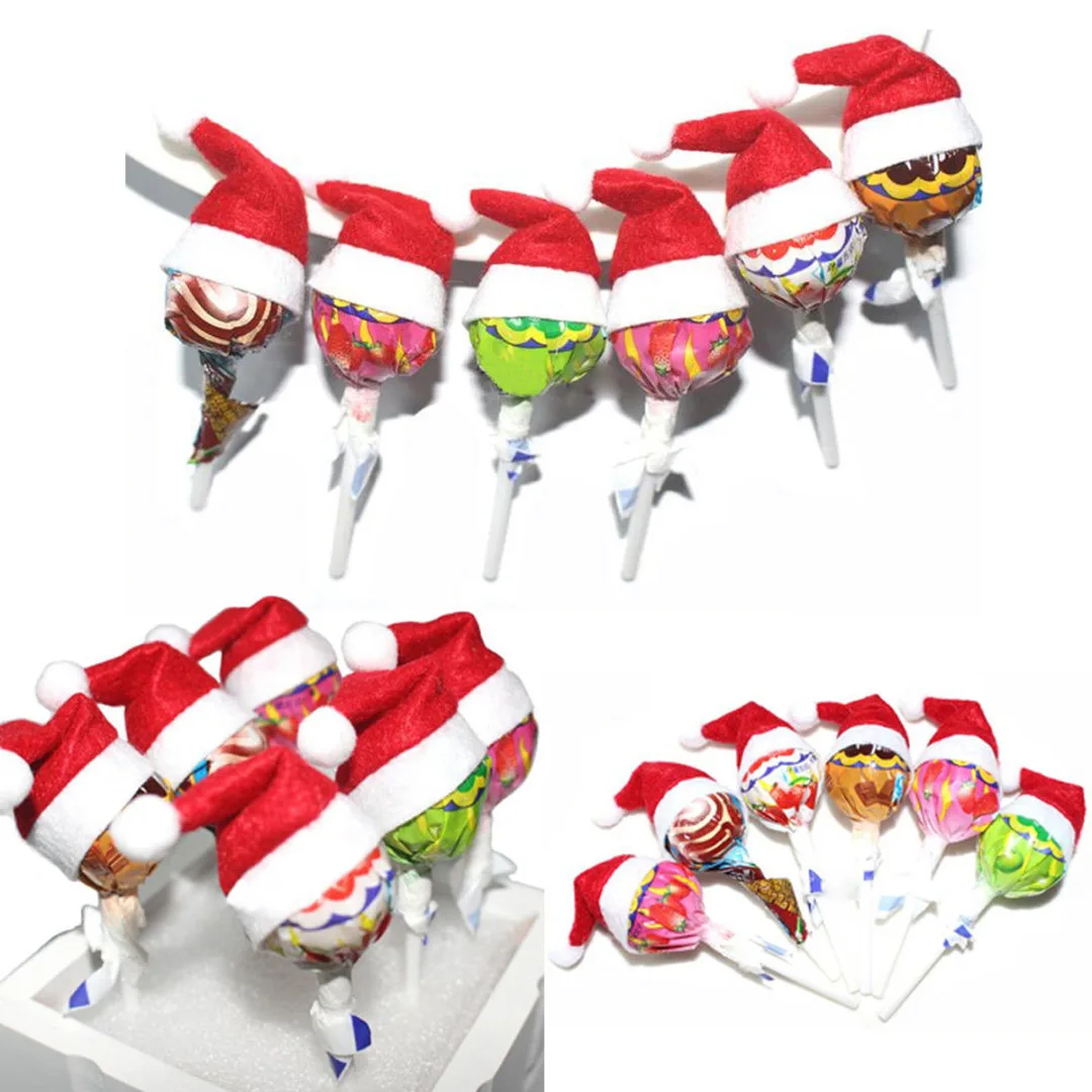 61230pc Mini Red Christmas Lollipop Santa Claus Hats Lollypop Cap Wrap Party Decor In