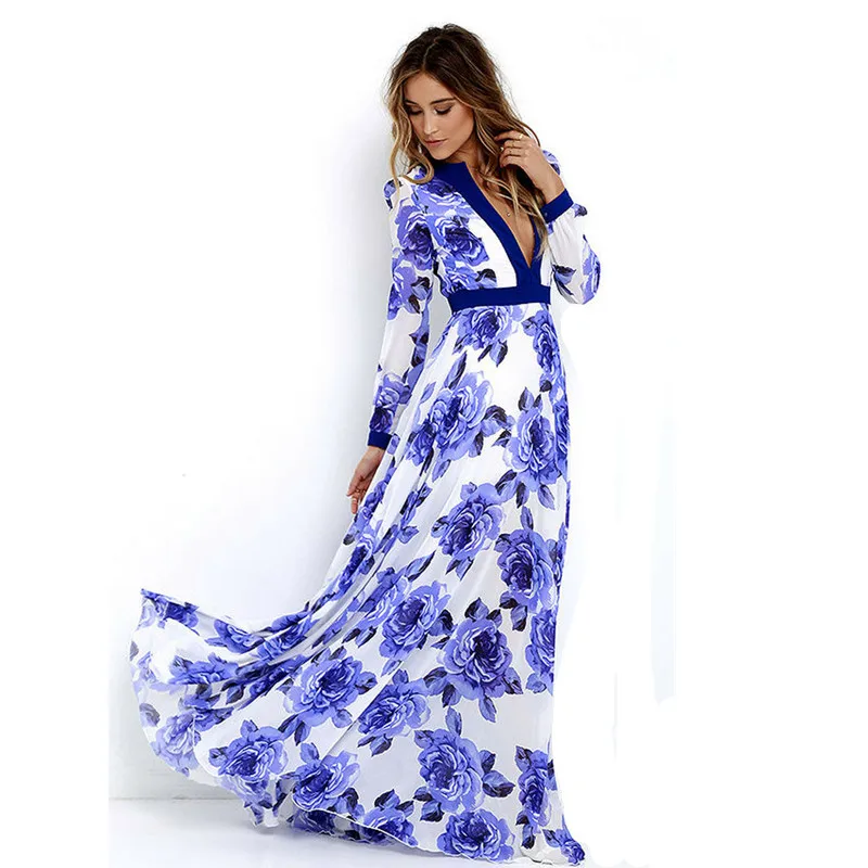 Women Sexy Deep V Neck Floral Summer Chiffon Dress Boho Maxi Long