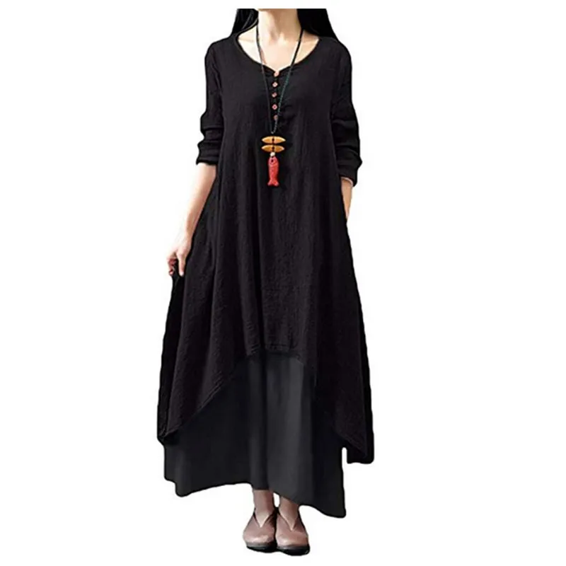Women Ethnic Style Cotton Linen Long Sleeve Dresses Black Asymmetry