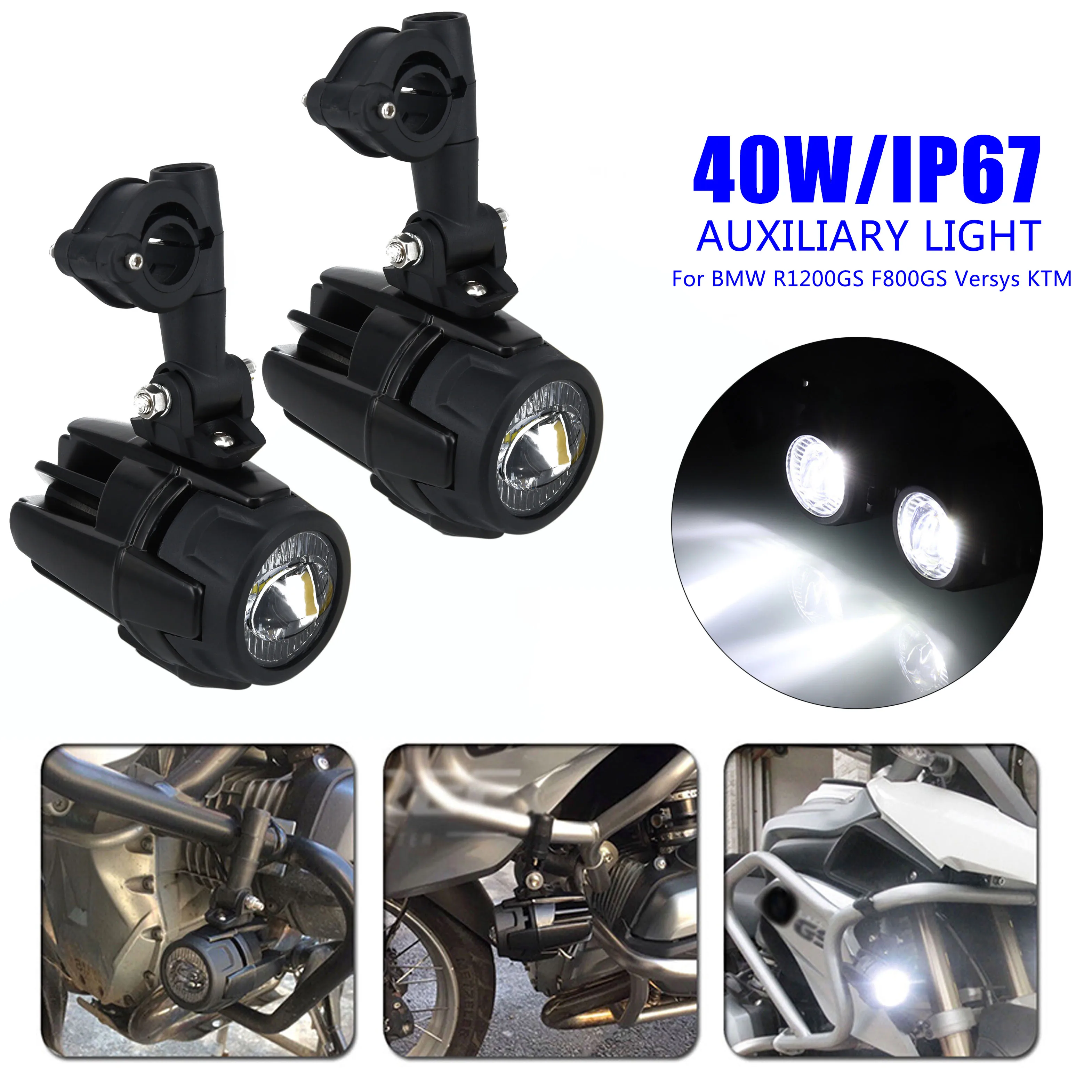2pcs 40W 4LED Motorcycle LED Auxiliary Fog Light Driving Lamp For BMW R1200GS F800GS 700 KTM ...