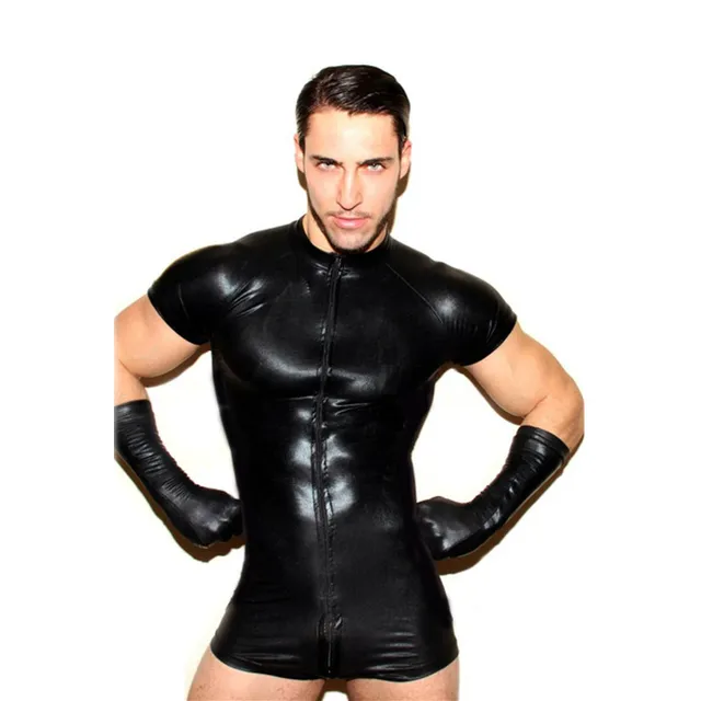 Wet Look Latex Catsuit Faux Leather Mesh Jumpsuits Sexy Lingerie Men