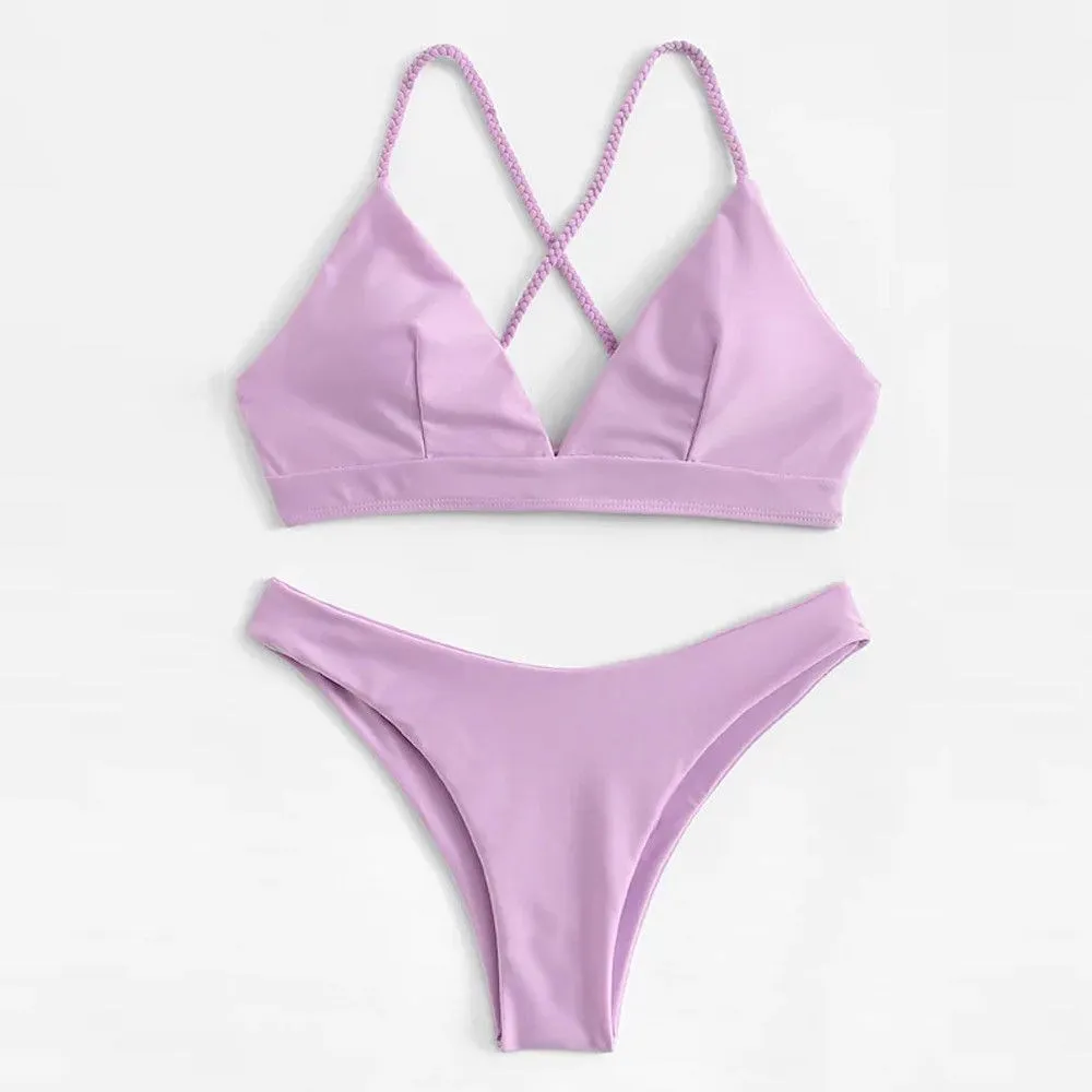 Solid Swimwear Women Padded Push Up Bikini Sets Triangle Bathing Suit