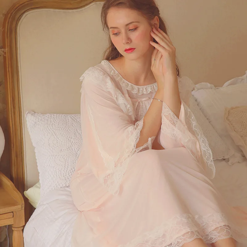 2018 New Autumn Court Loose Nightgown Womens Nightwear Lace Long