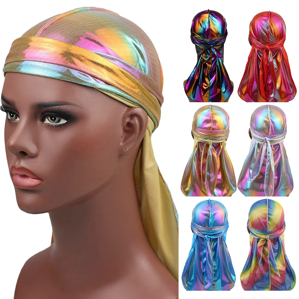 Unisex Sparkly Colorful Durags Hat Turban Bandana Shiny Silky Long Tail ...