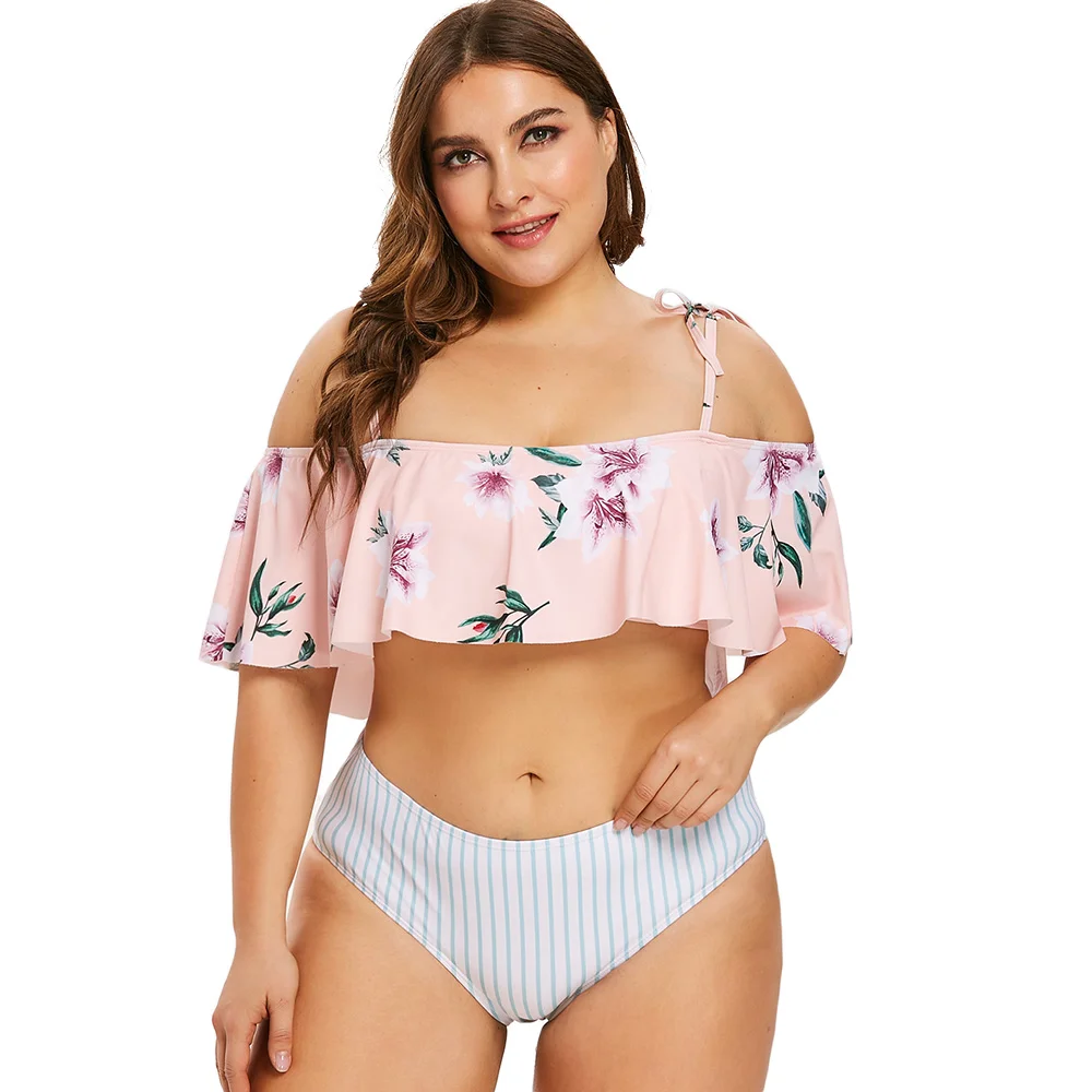 Wipalo mujeres talla grande 5XL lazo hombro flor rayas natación conjunto hombro frío dos piezas ...