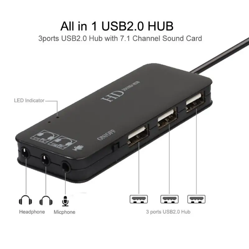3 Port USB Hub with External 7.1 Channel Sound Card Headset Microphone ...
