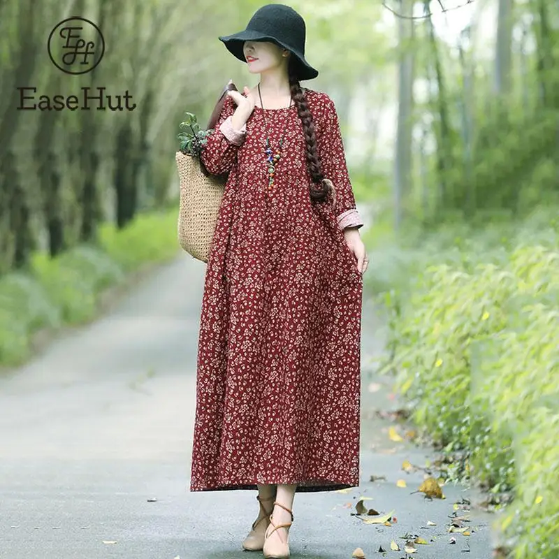 EaseHut Vestido largo holgado de lino y algodón para mujer, traje largo de manga larga con ...