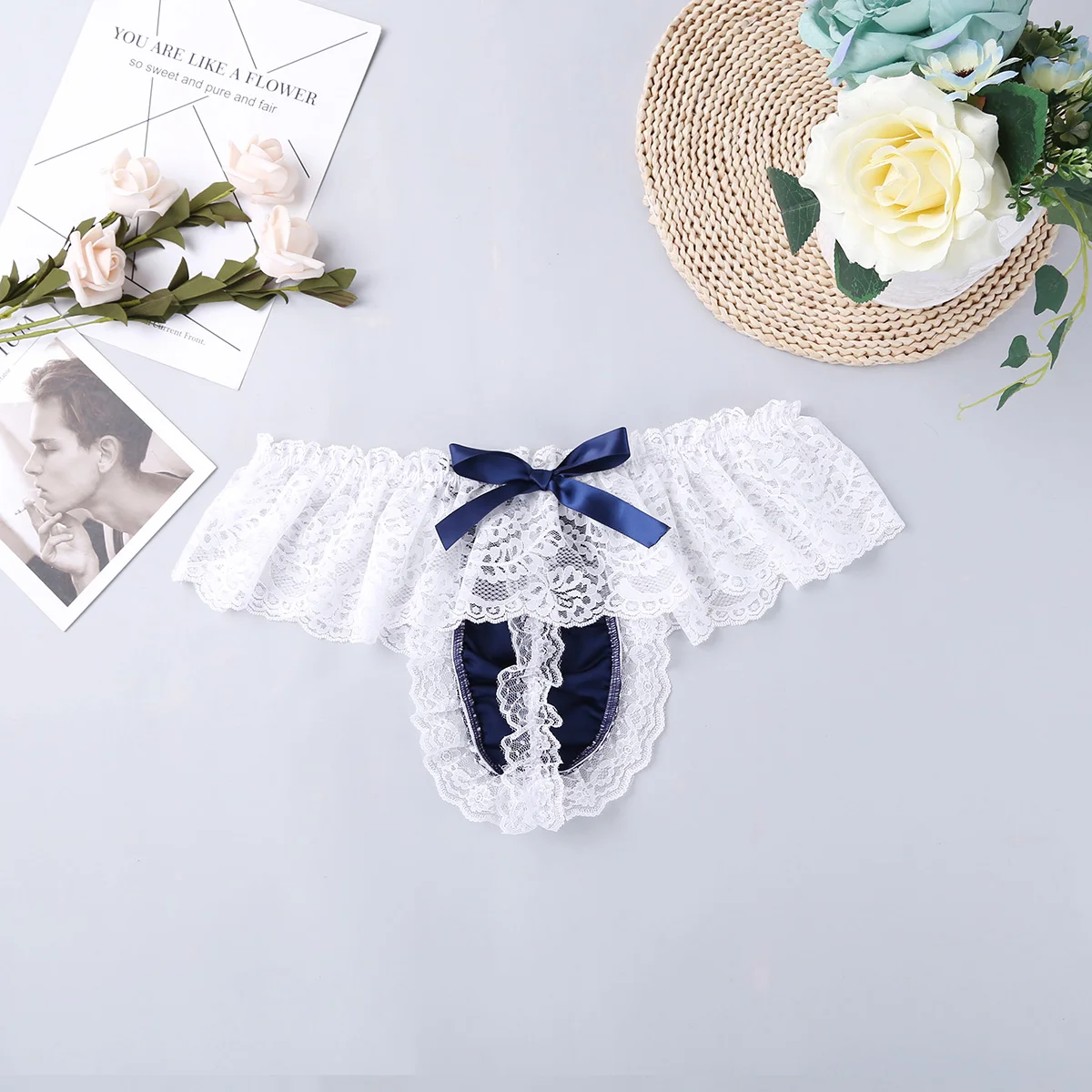 TiaoBug Men Floral Lace Sissy Panties Lingerie Cute Bow High Cut Open ...