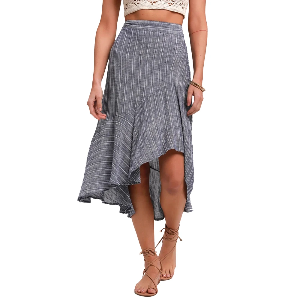 Zomer Kleding Grijs Linnen Streep Hoge Taille Midi Rok Asymmetrische ...