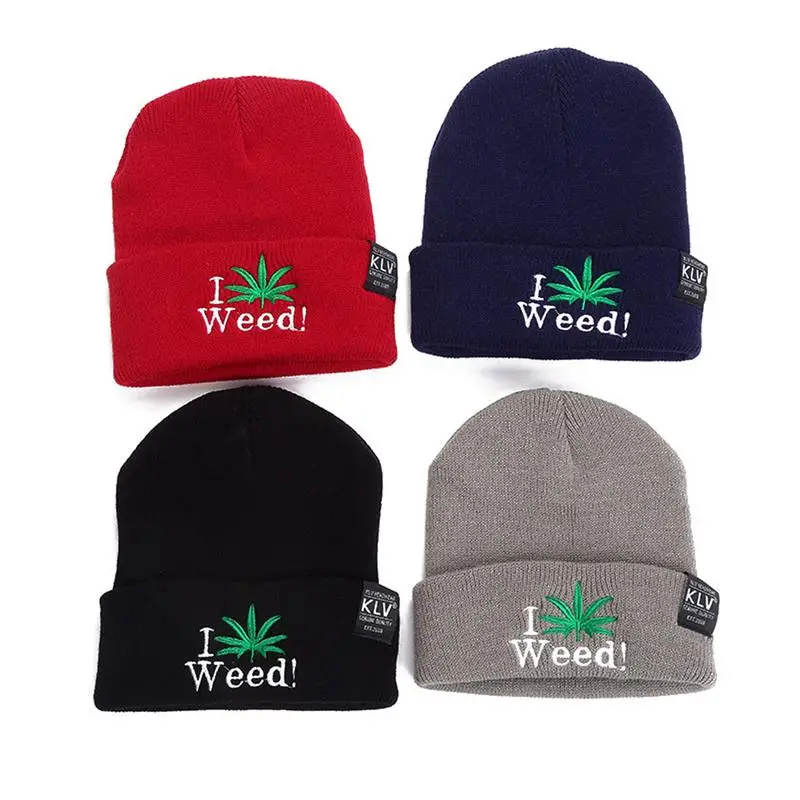 New Fashion Men Women Winter Hip Hop Punk Black Weed Leaf Beanie Hats ...