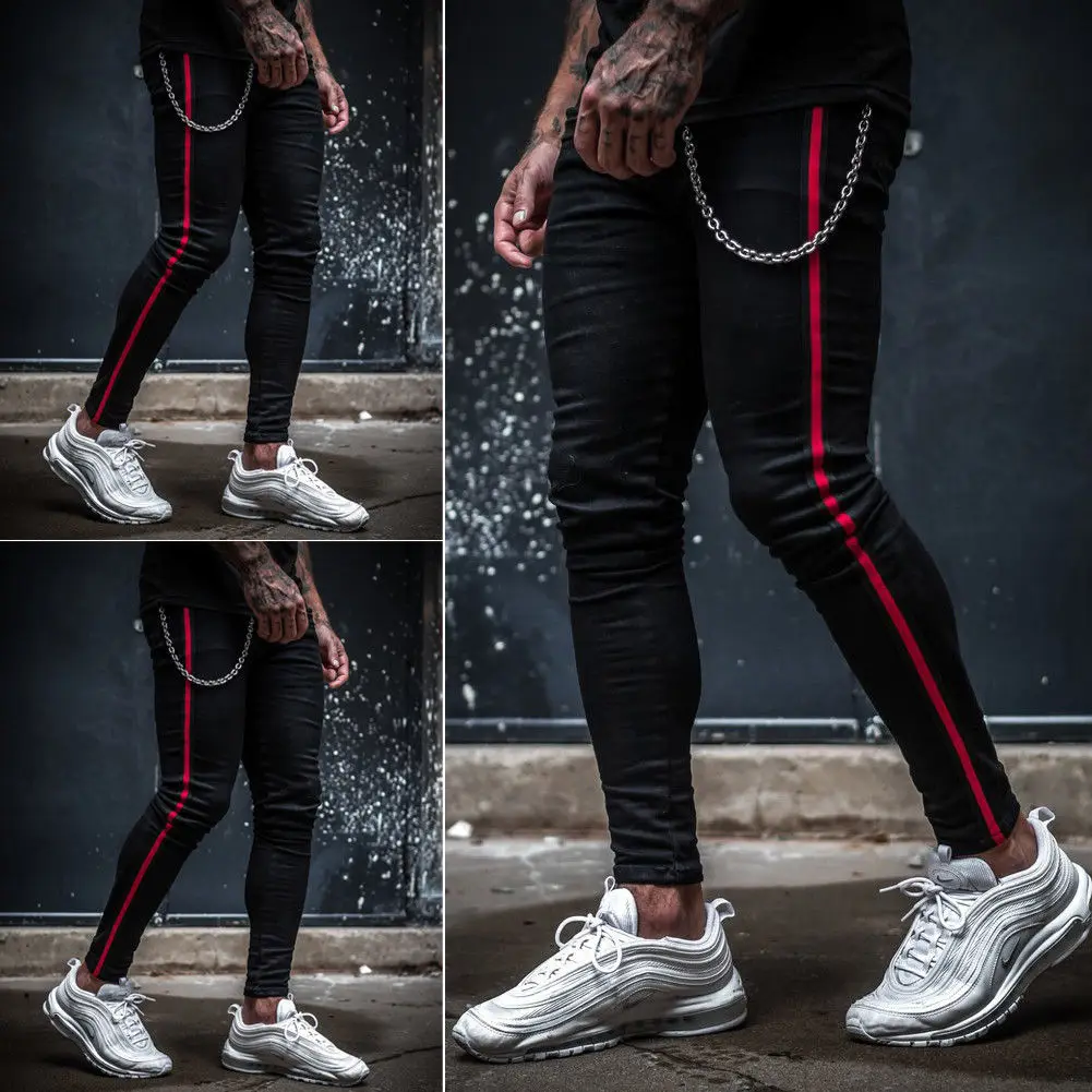 Men's Stretchy Ripped Skinny Biker Danim Pants Destroyed Taped Slim Fit ...